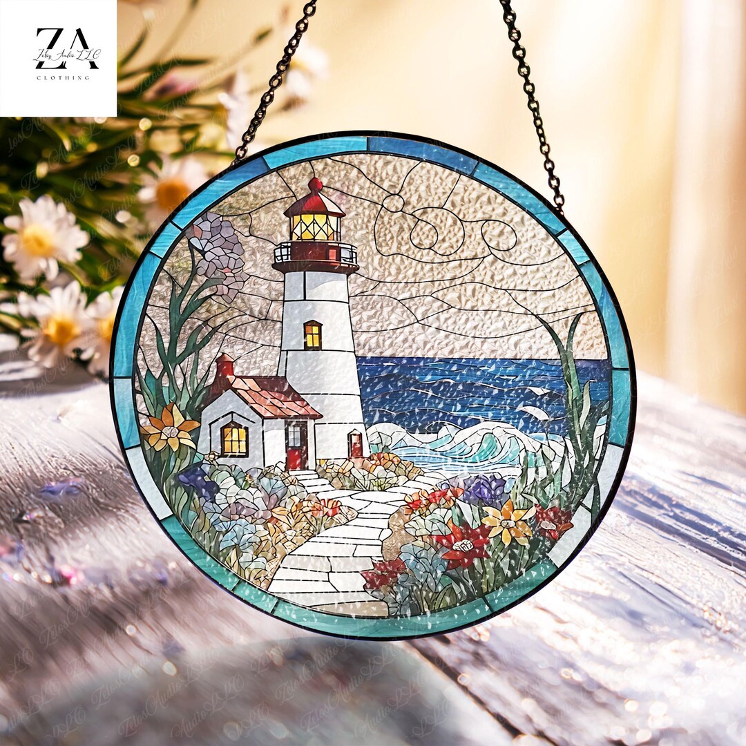 Lighthouse Stained Glass Window Hanging, Coastal Scene Ornament for ...