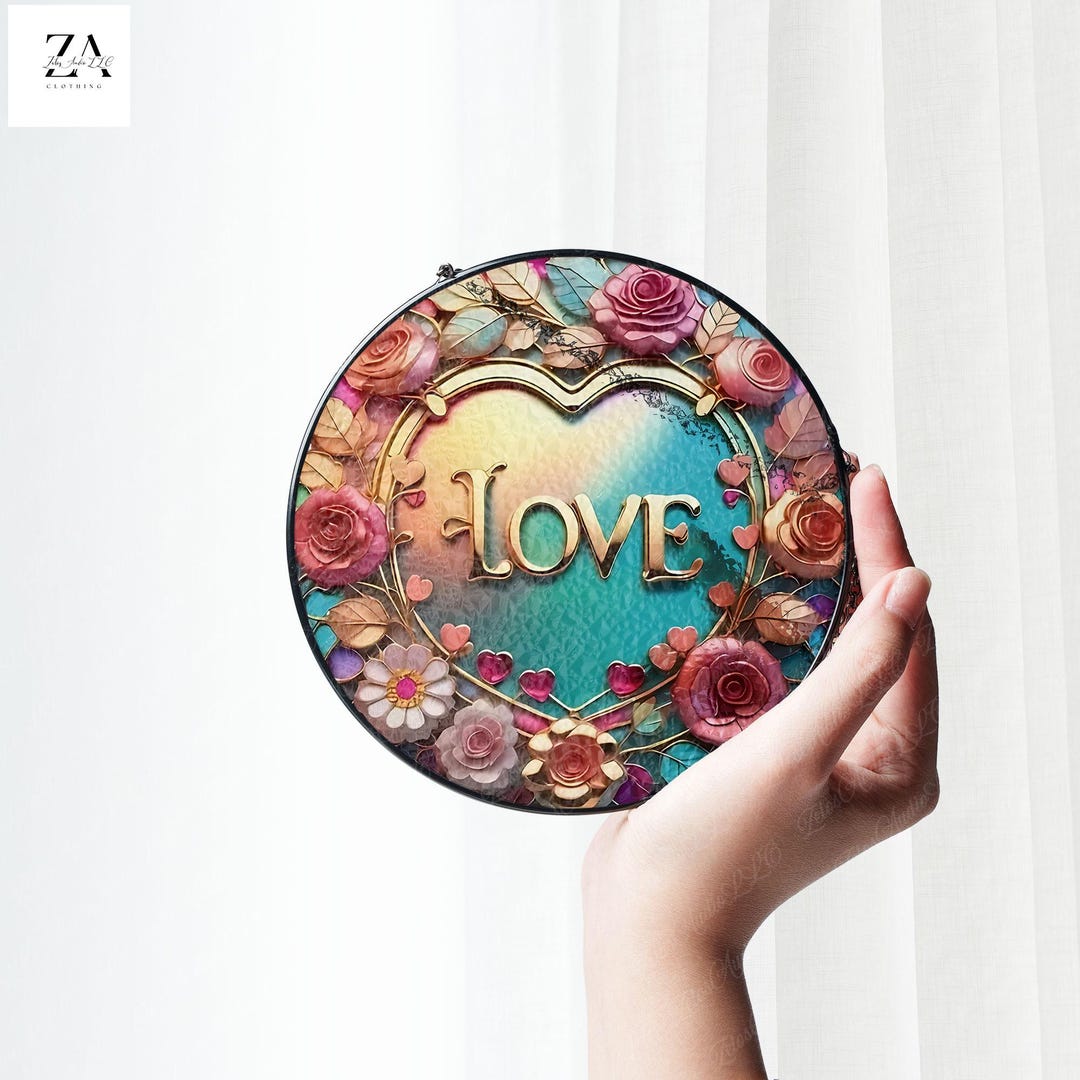 Romantic LOVE Stained Glass Suncatcher, Heart-shaped Window Hanging ...