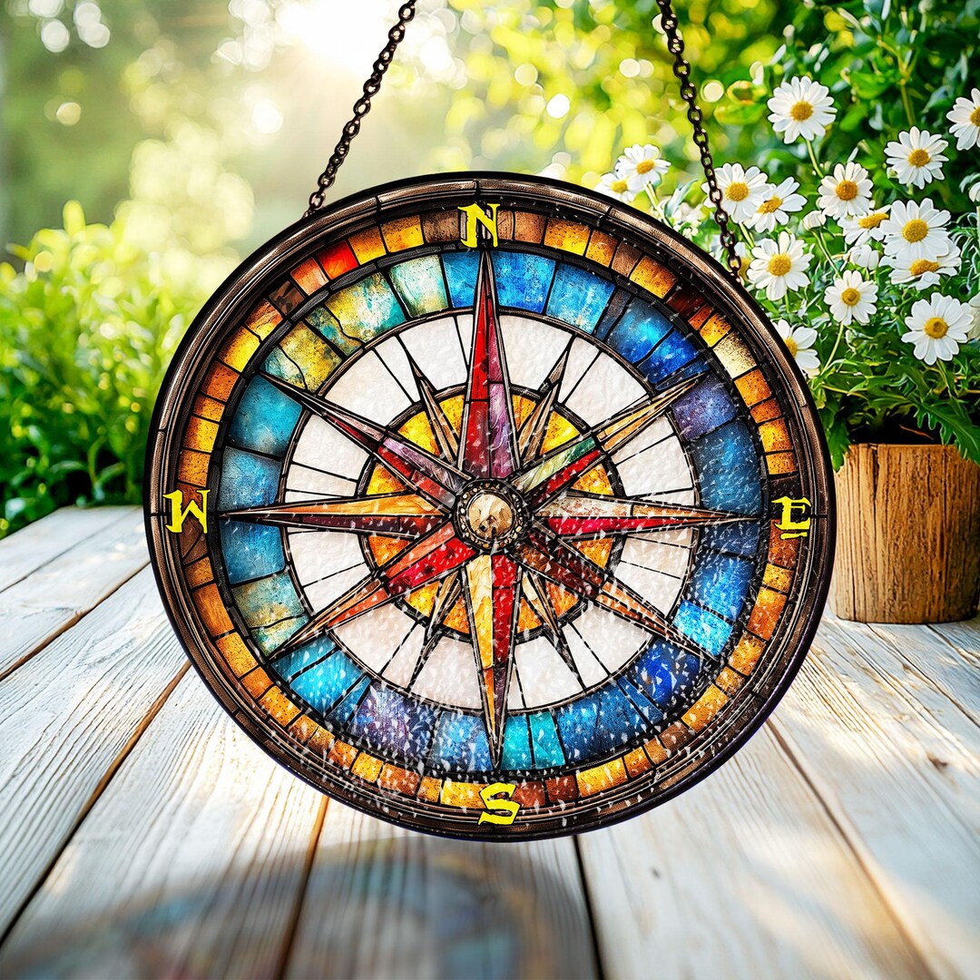 Nautical Compass Glass Window Hanging, Compass Suncatcher, Travel ...