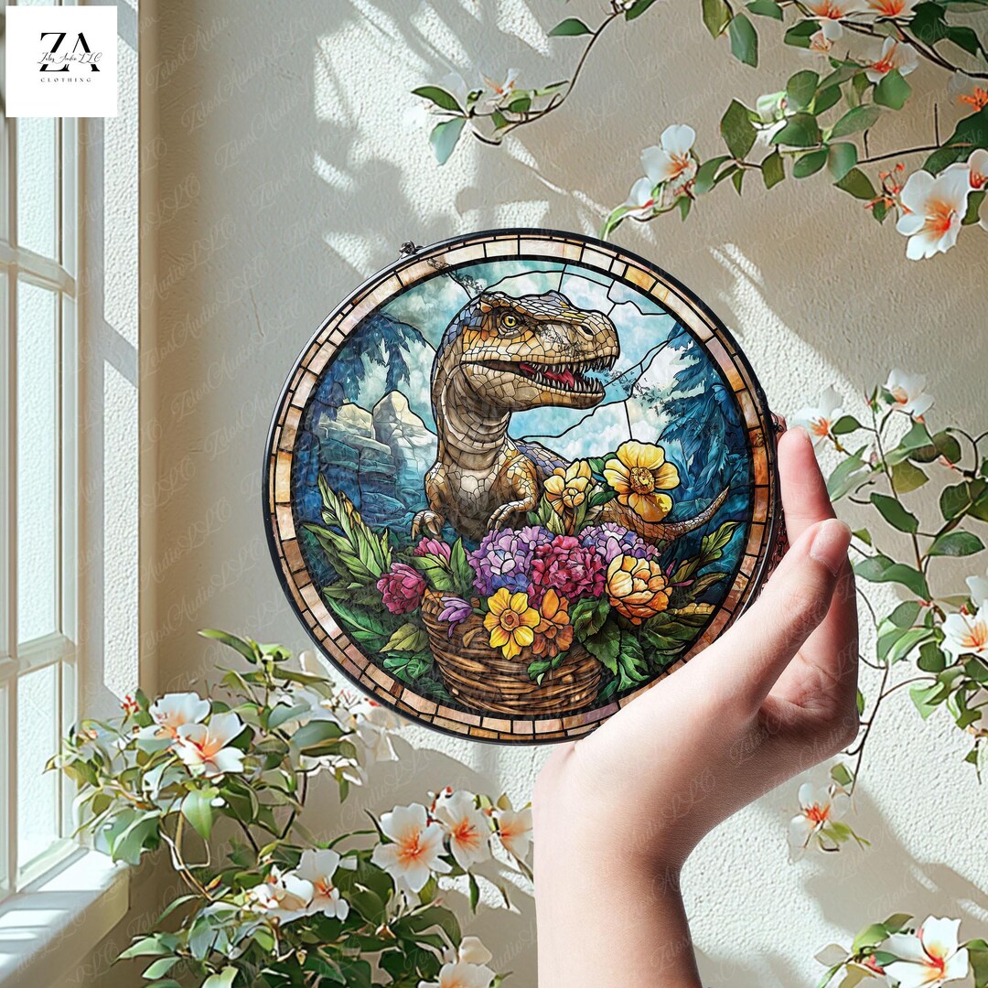 T-rex Dinosaur Stained Glass Style Window Hanging Decor, Flower Basket ...