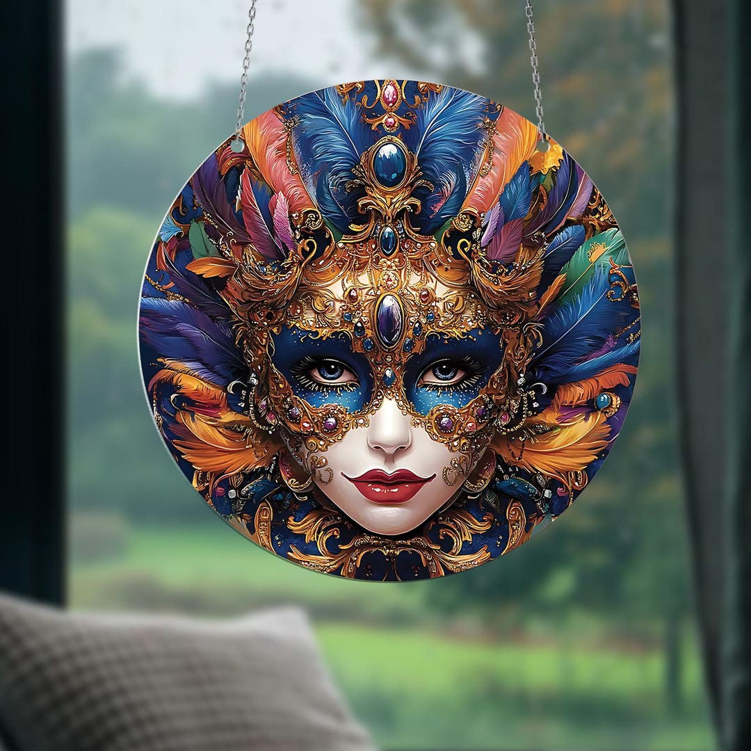 Venetian Masquerade Window Hanging, Colorful Feather Mask Decor ...
