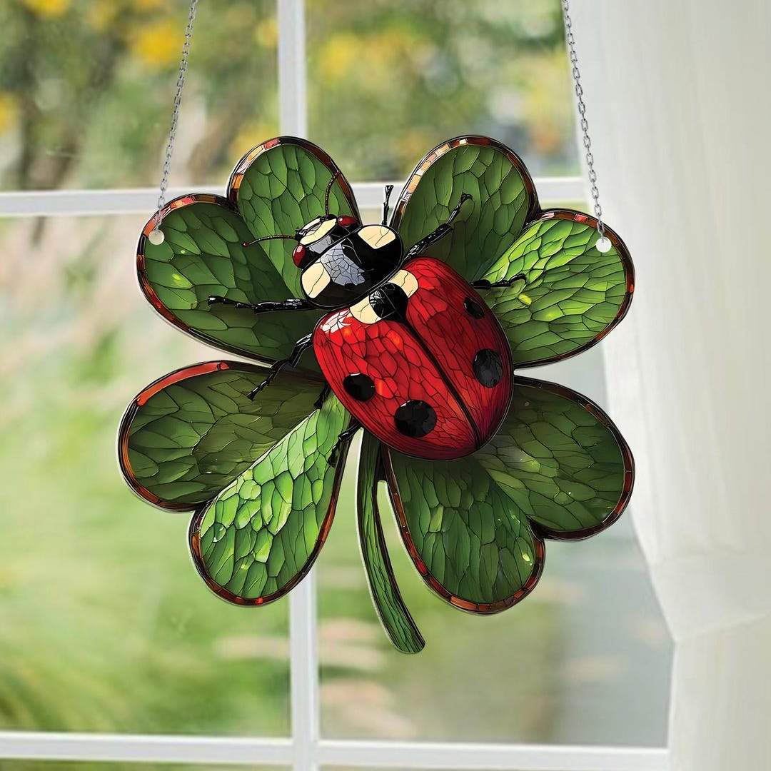 Lucky Four-leaf Clover and Seven-star Ladybug Acrylic Window Hanging ...