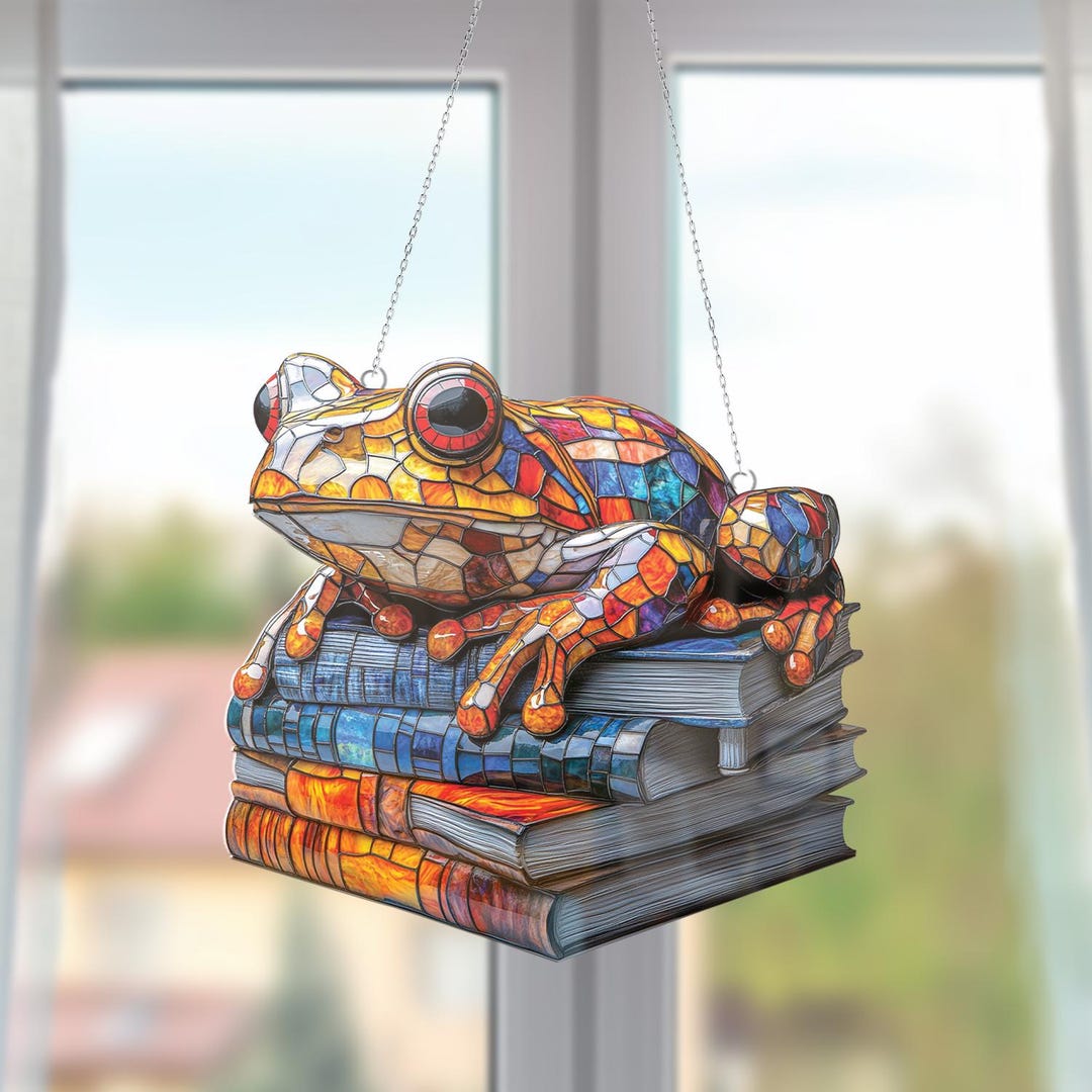 Frog on Books Acrylic Window Hanging, Gift for Nature and Book Lovers ...