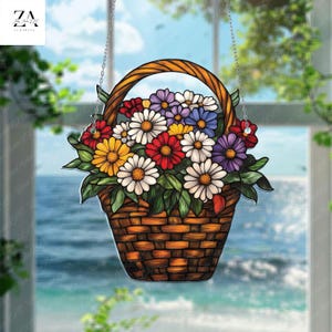 Colorful Flower Basket Acrylic Window Hanging, Colorful Art Panel for ...