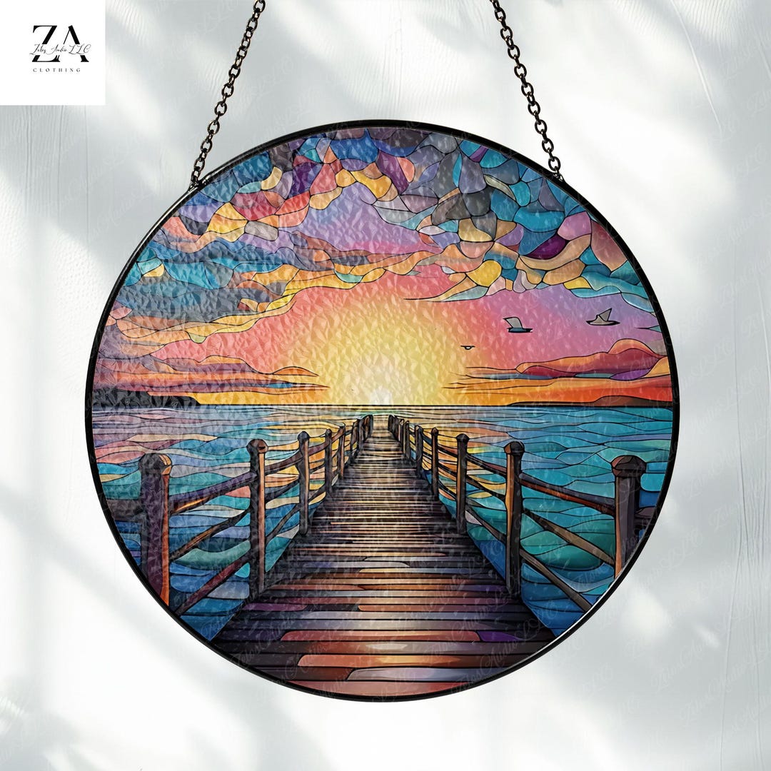 Stunning Sunset Pier Glass Window Hanging Colorful Beach Path Design ...