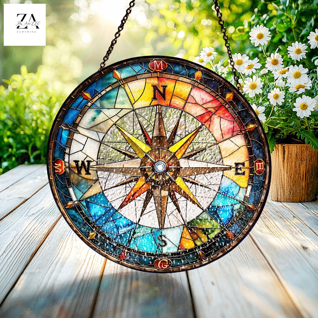 Compass Rose Stained Glass Window Hanging, Nautical Style Ornament ...