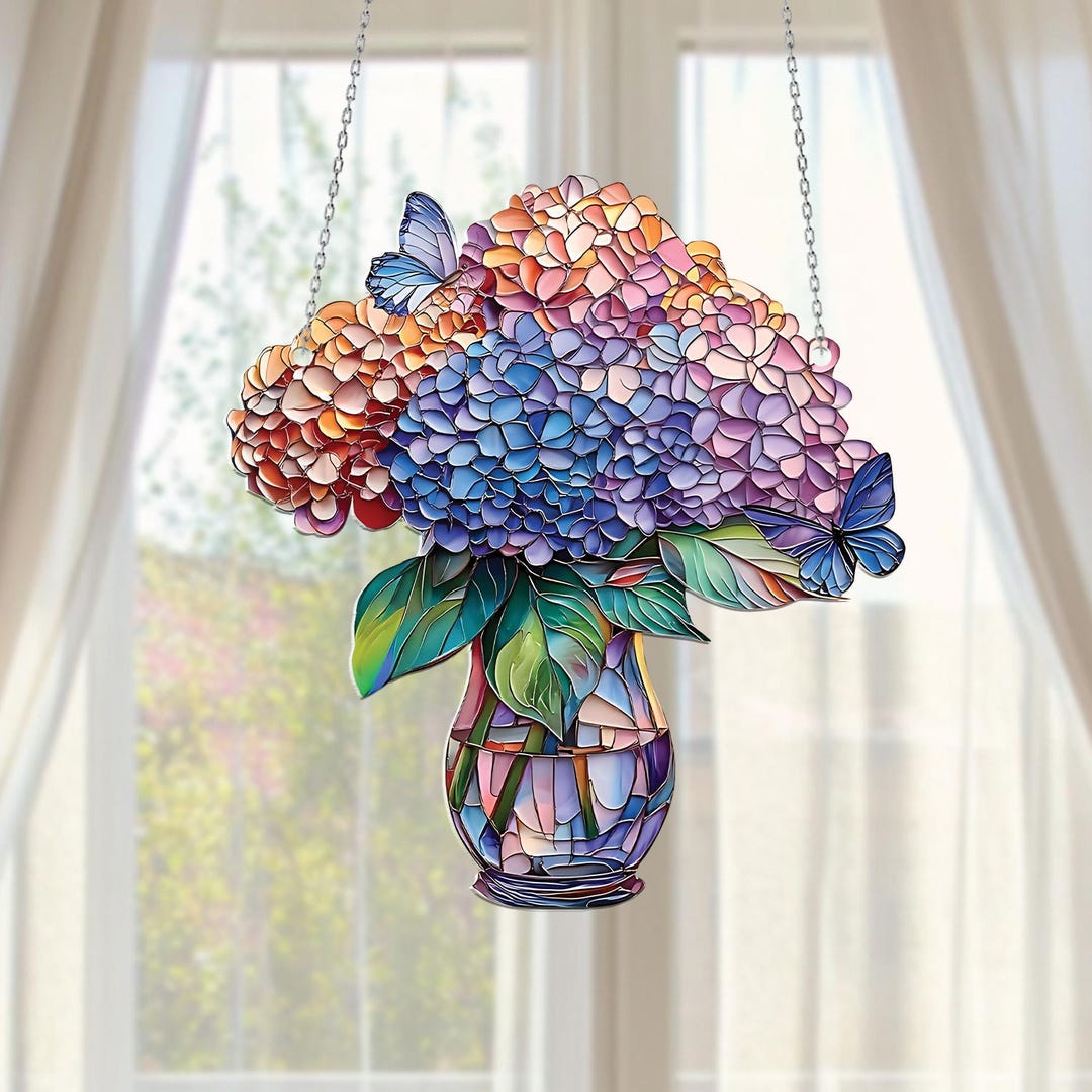 Hydrangeas Bouquet Acrylic Window Hanging, Hydrangea Flower Lovers Gift ...