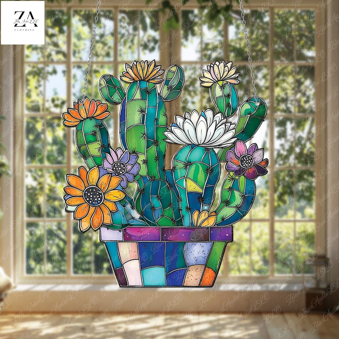 Cactus Flowerpot Acrylic Window Hanging, Artistic Home Decor, Colorful ...