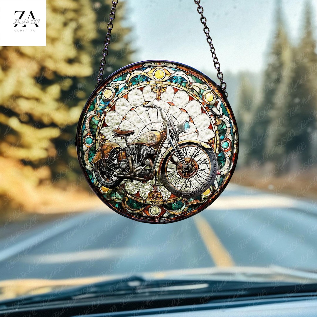 Vintage Motorcycle Stained Glass Window Hanging, Classic Bike Ornament ...