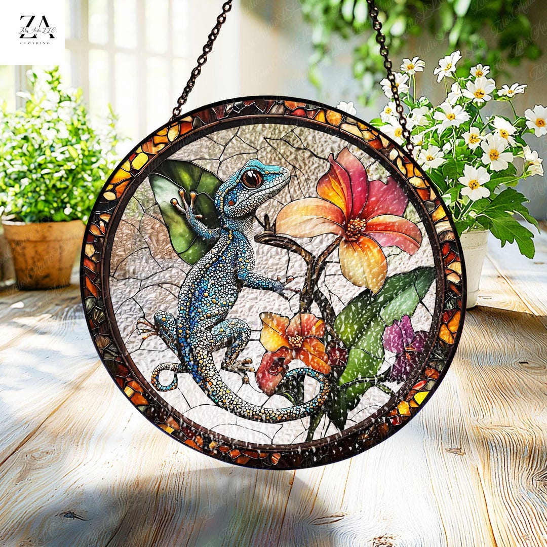 Lizard Stained Glass Decor, Lizard Mom Decor, Floral Lizard Window ...