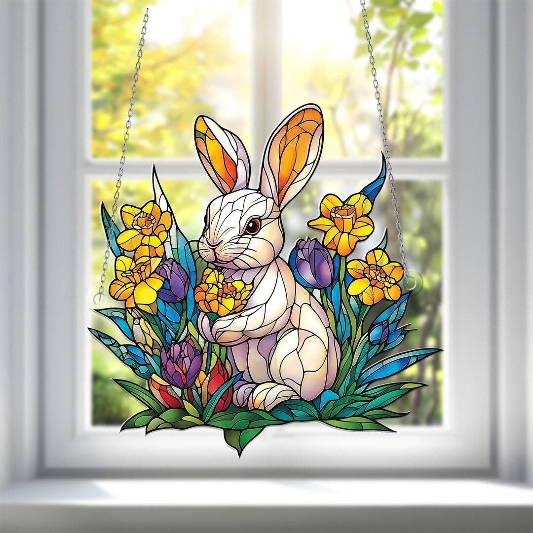 Bunny With Flower Acrylic Window Hanging, Rabbit Window Decor, Rabbit ...