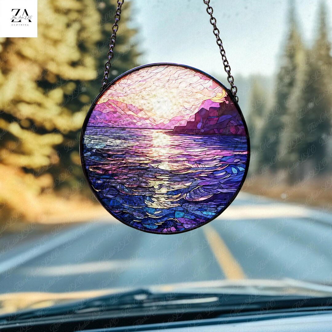 Sunset Ocean Stained Glass Window Hanging - Vibrant Coastal Scene With ...