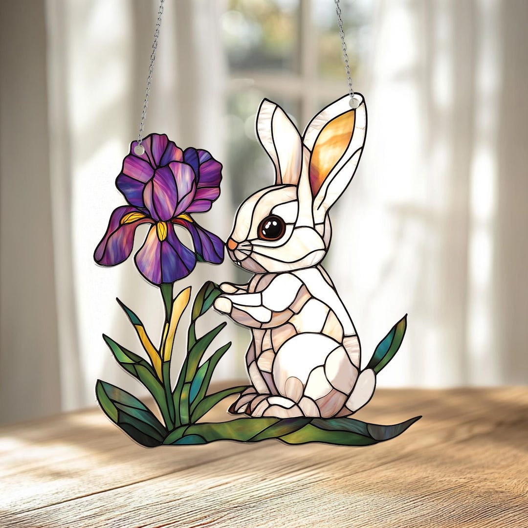 Bunny With Iris Flower Window Hanging, Iris Lover Gift, Rabbit Decor ...