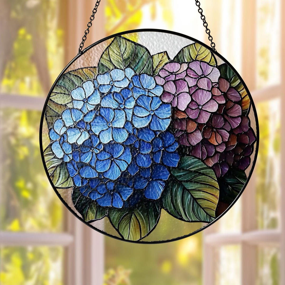 Blue Hydrangea Stained Glass Suncatcher Window Hanging, Blue Hydrangea ...