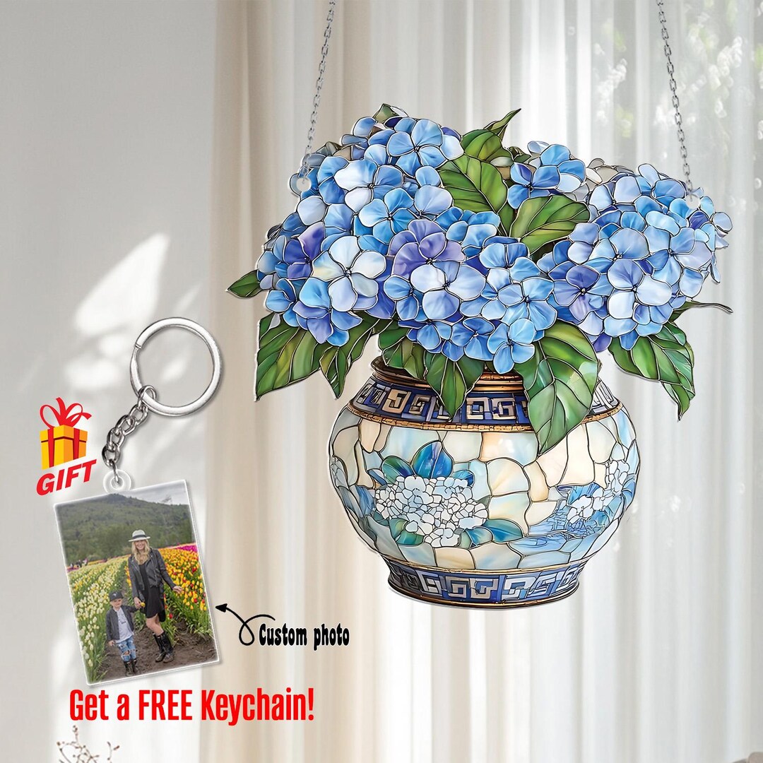 BUY 1 Get 1 FREE KEYCHAIN | Hydrangea Bouquet Acrylic Window Hanging ...