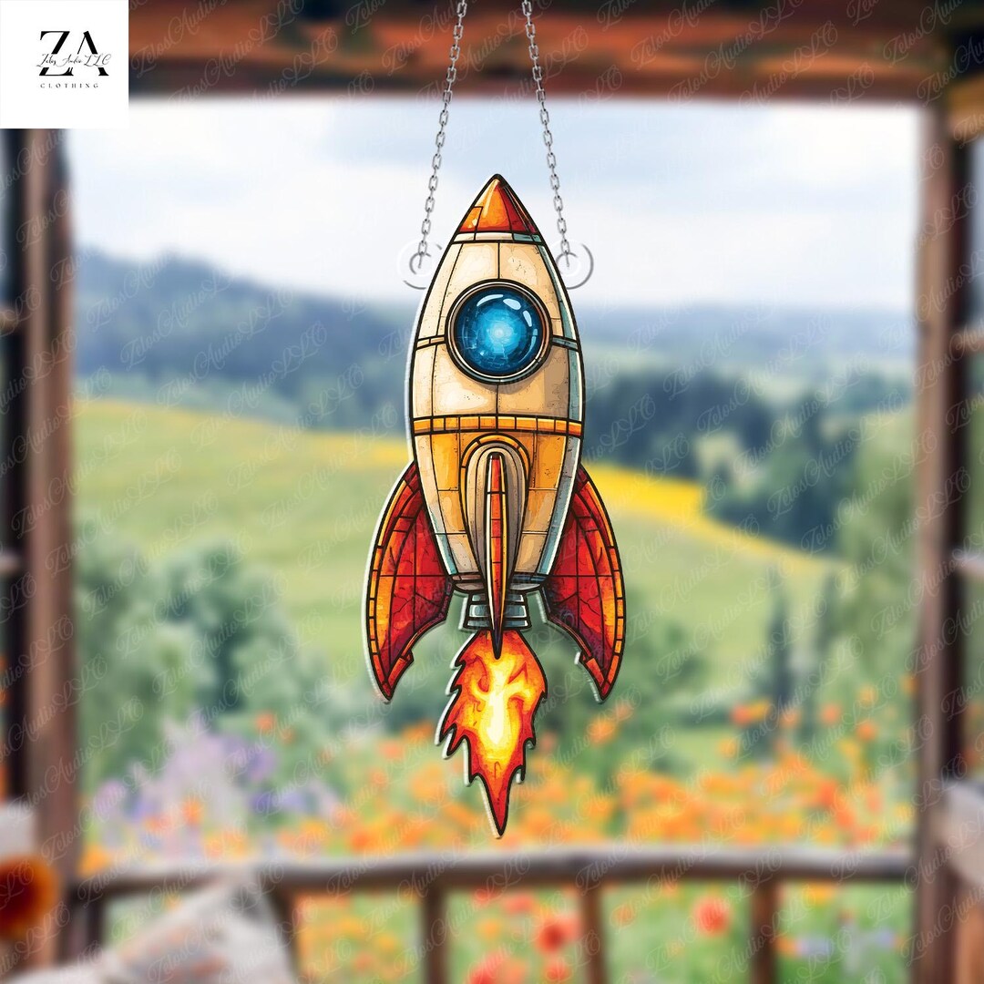 Vibrant Rocket Ship Acrylic Window Hanging, Space-themed Acrylic Art ...