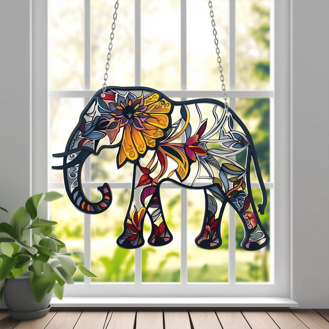 Mandala Elephant Acrylic Window Hanging, Wildlife Elephant Decor ...