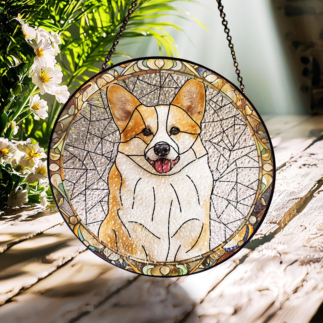 Personalized Photo Dog Stained Glass Suncatcher, Corgi Dog Glass Art ...