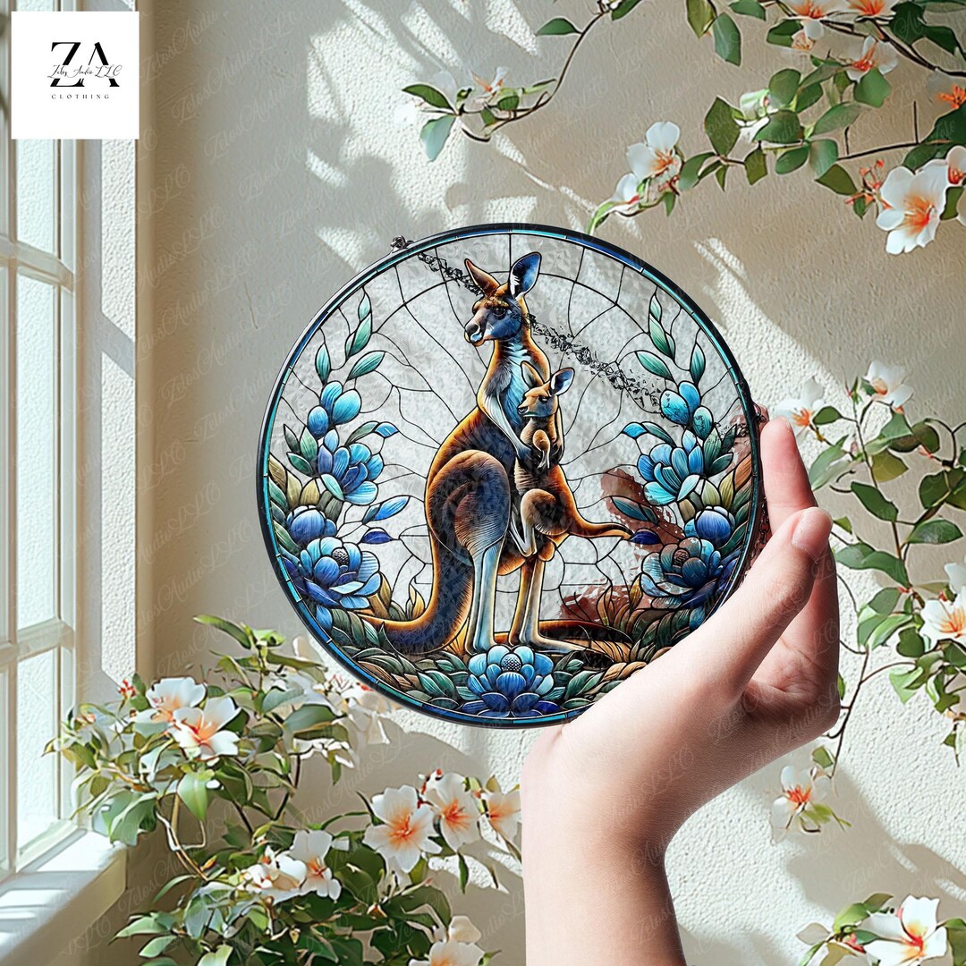 Kangaroo and Joey Stained Glass Window Hanging, Australian Wildlife ...