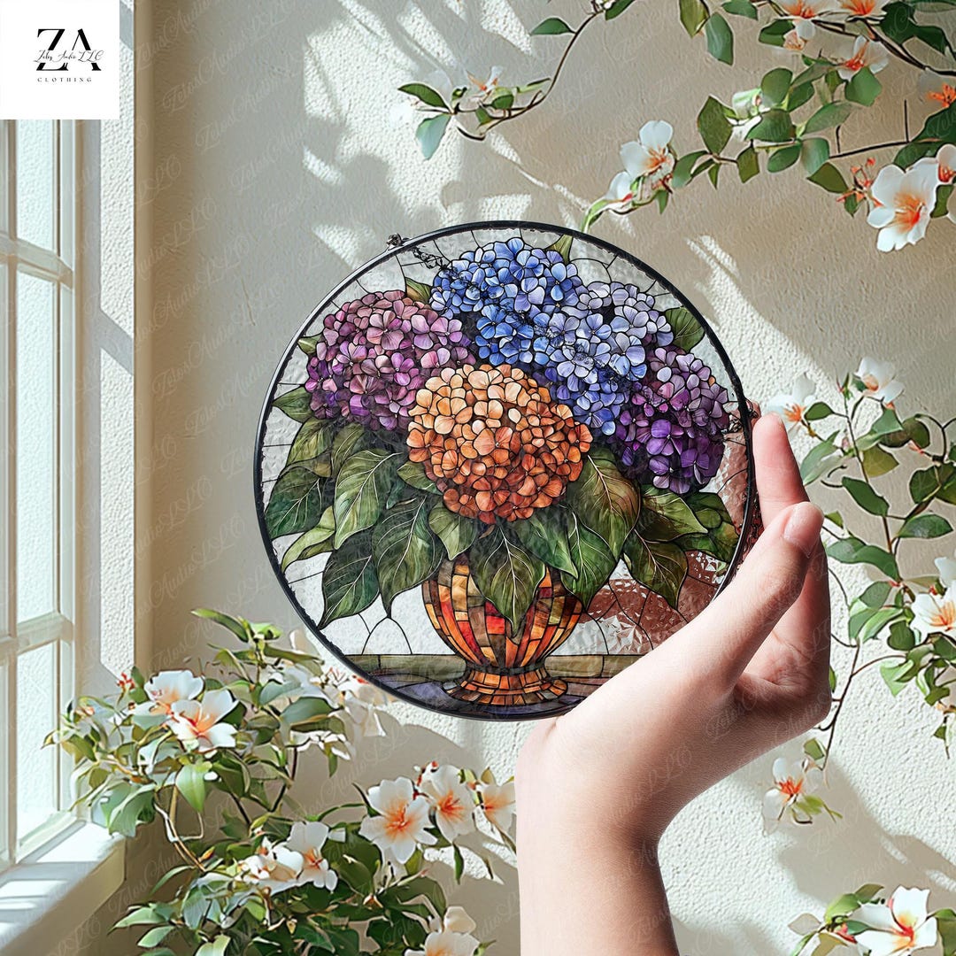 Beautiful Hydrangea Stained Glass Window, Elegant Floral Home & Car ...