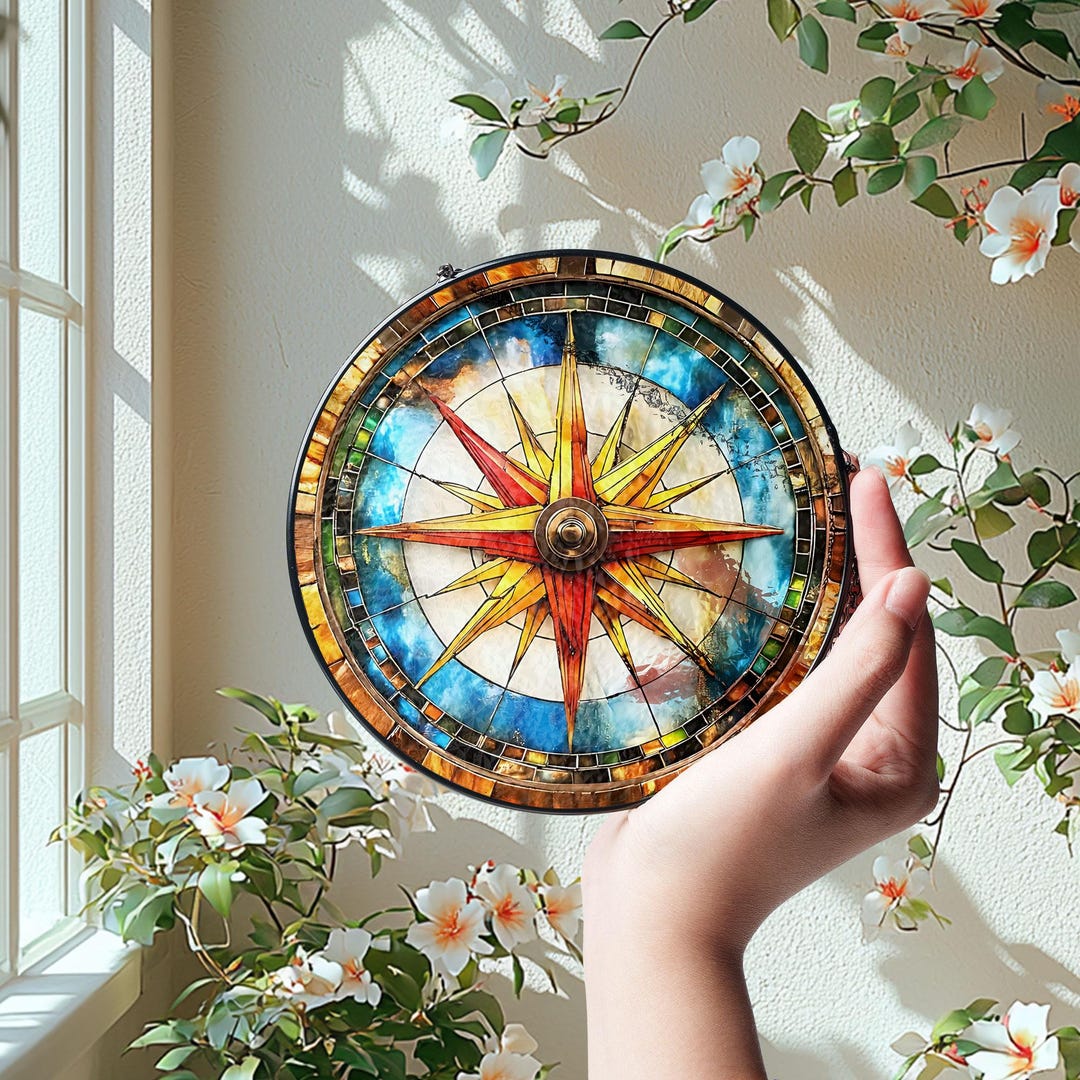 Compass Rose Stained Glass Window Hanging, Nautical Style Ornament ...
