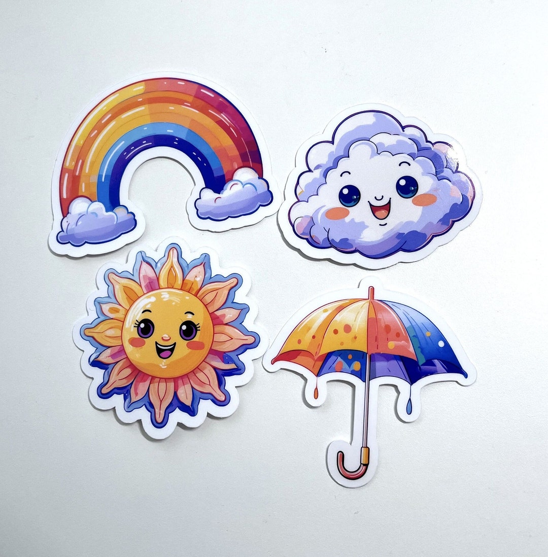 Cute Weather Sticker Set, Cloud, Rainbow, Umbrella, Sun Stickers ...