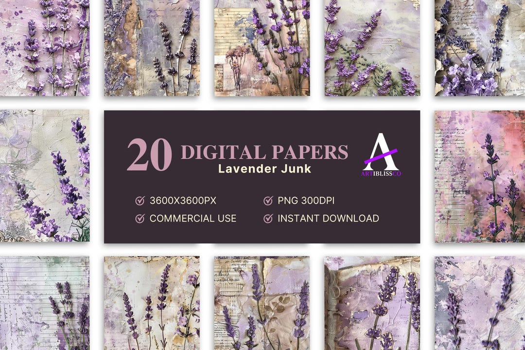 Vintage Lavender Digital Paper Pack: 20 Grunge Floral Backgrounds for ...