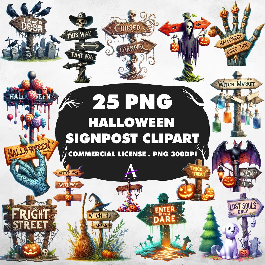 Halloween Signpost Clipart Bundle: Spooky Ghosts, Pumpkins (commercial ...