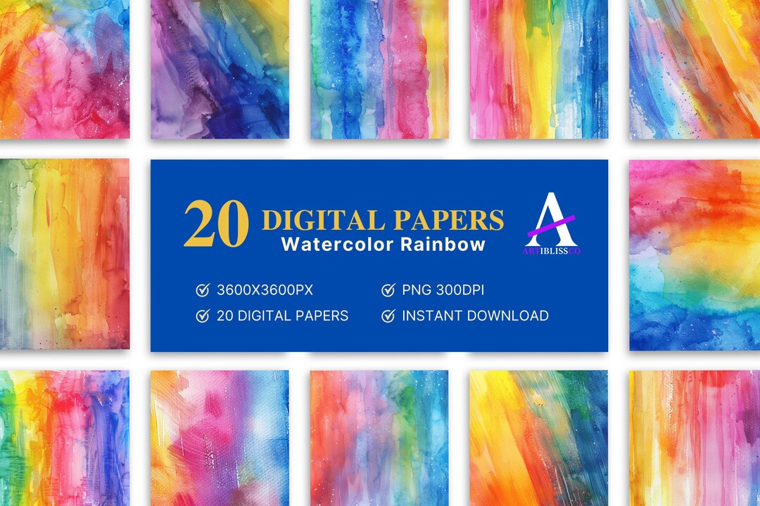 Rainbow Watercolor Digital Paper Pack: 20 Colorful Texture Backgrounds ...