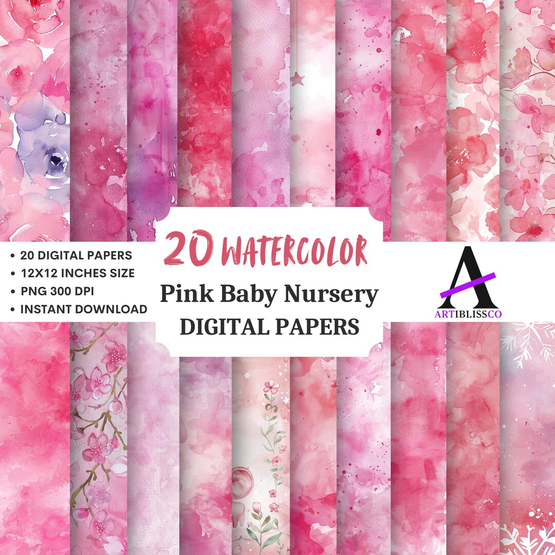 Watercolor Pink Baby Nursery Digital Papers - Watercolor Pattern Bundle ...