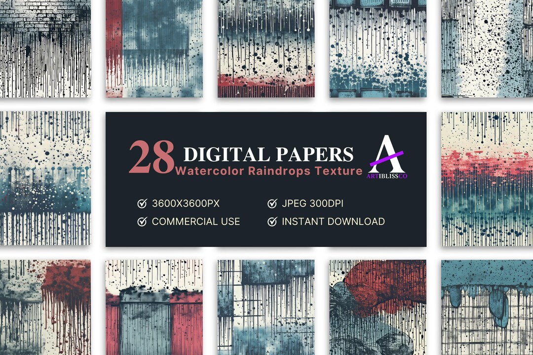 Watercolor Raindrops Digital Paper: Rain Textures, Commercial License ...