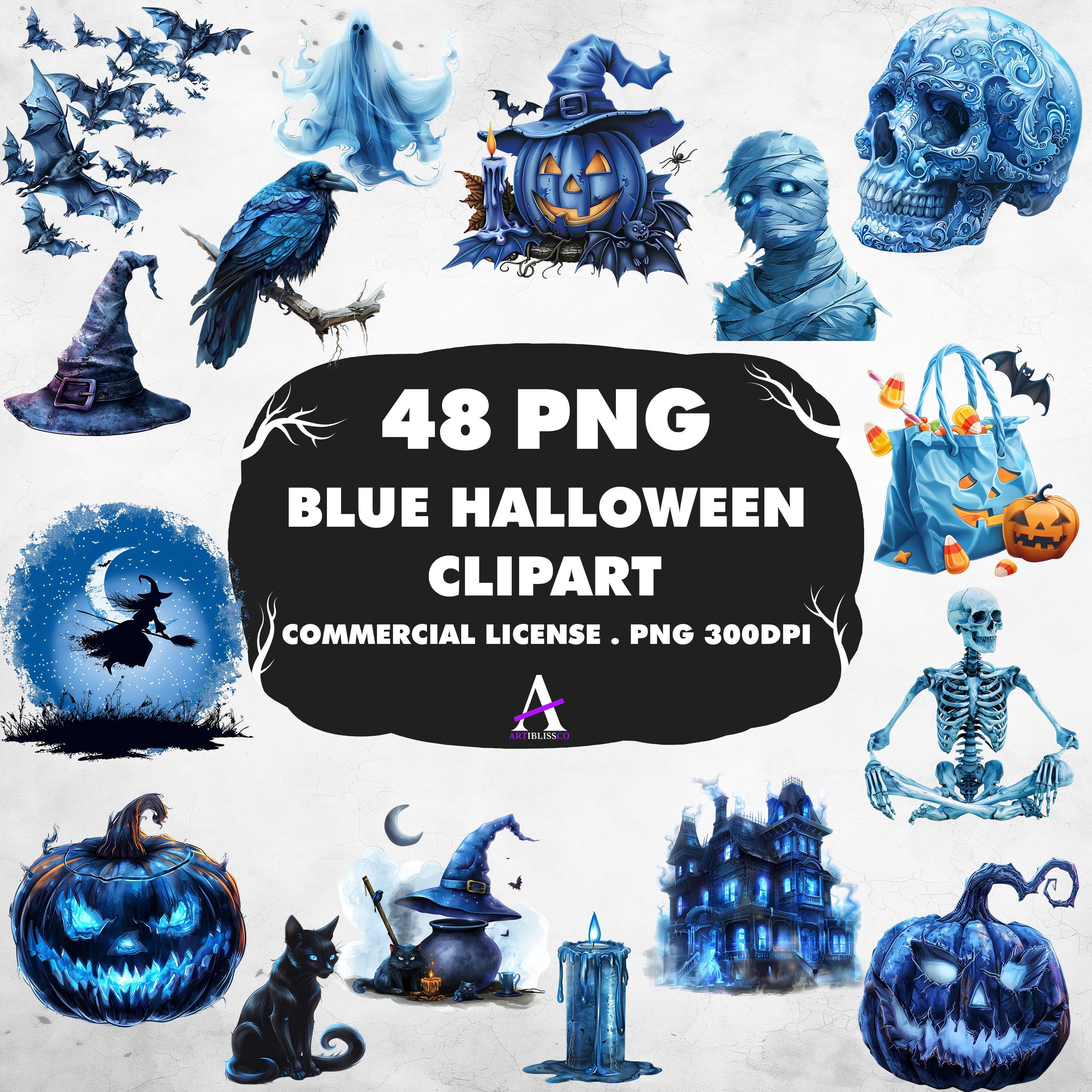 Blue Halloween Clipart Bundle: 48 Spooky Graphics for Crafts ...