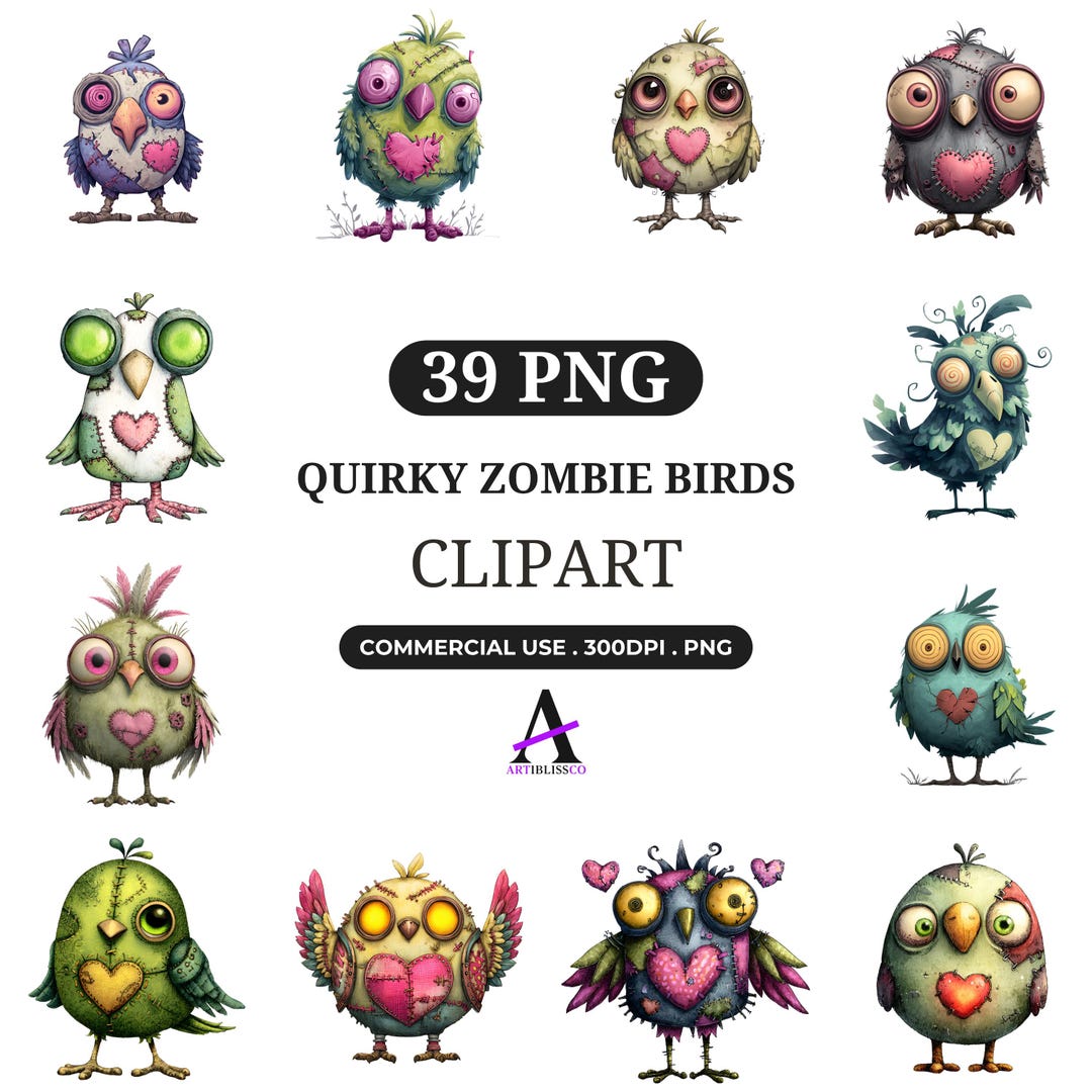 Zombie Birds Halloween Clipart: Funny PNG Stickers, Commercial License ...