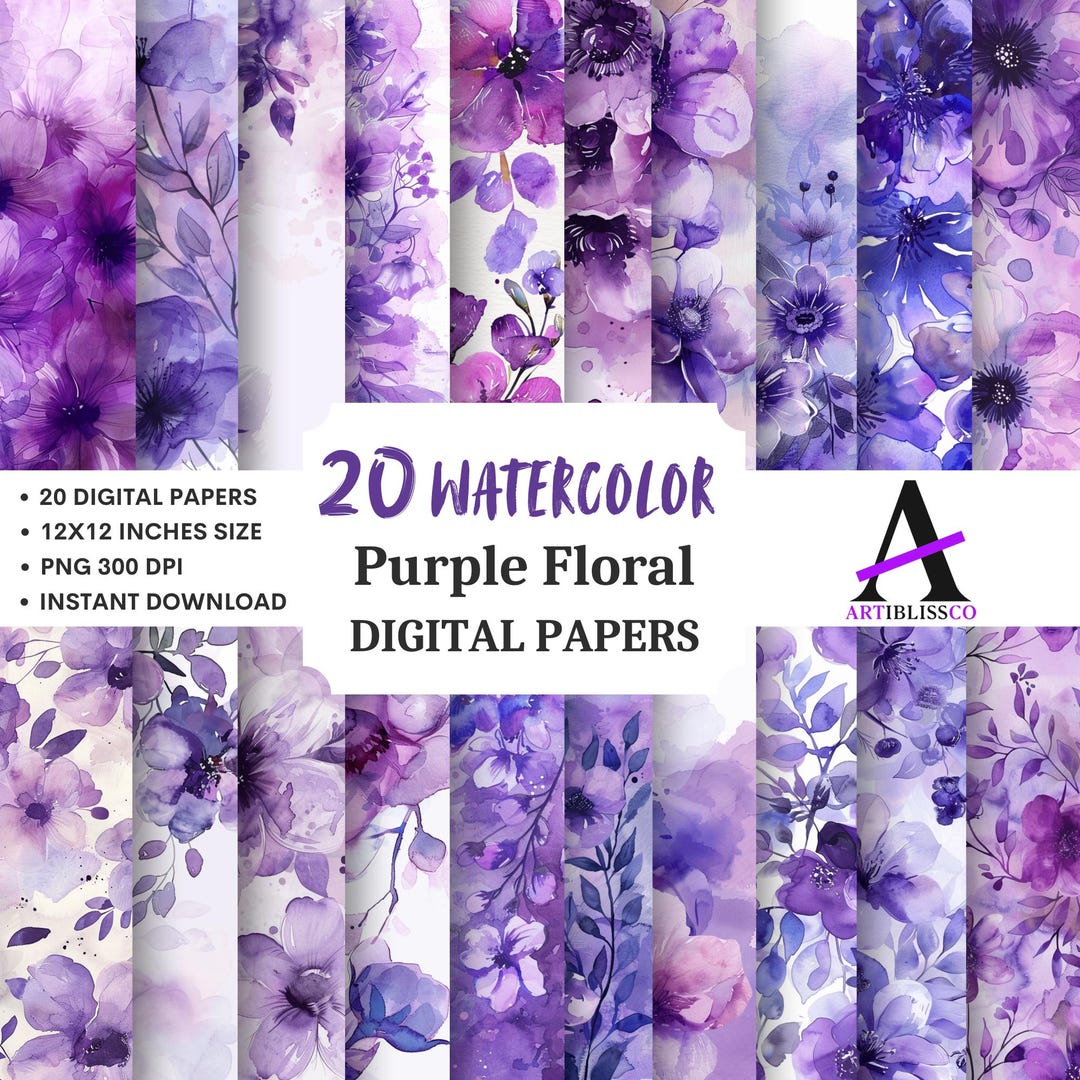 Watercolor Purple Floral Digital Papers - Digital Pattern Bundle ...