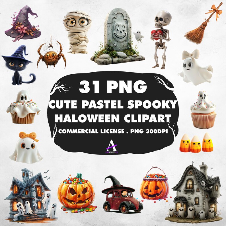 Cute Pastel Spooky Halloween Clipart, Cute Halloween PNG Bundle ...