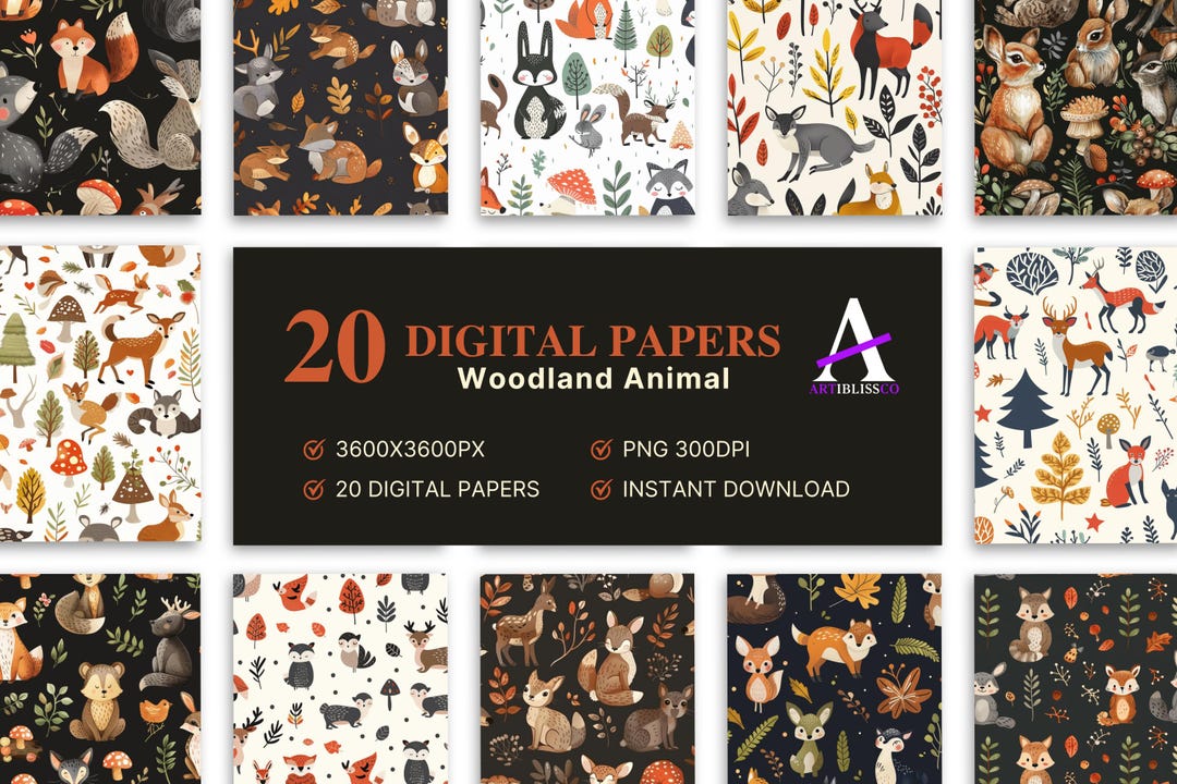 Woodland Animal Digital Papers Seamless Digital Pattern Bundle Instant ...