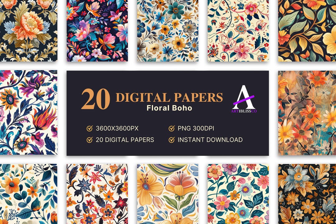 Floral Boho Digital Paper Pack: Bohemian Flower Texture Bundle ...