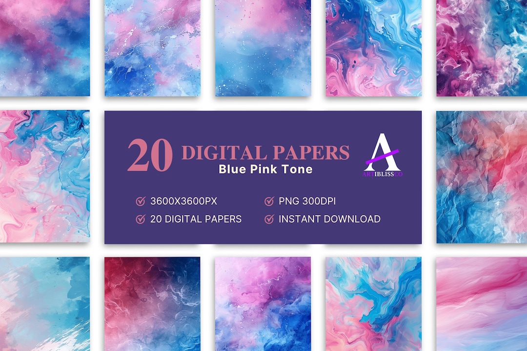 Blue Pink Watercolor Digital Paper: 20 Soft Gradient Backgrounds ...
