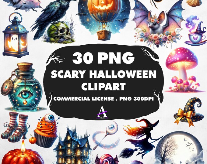 Scary Halloween Clipart Set, Watercolor Graphics, Instant Download PNG ...