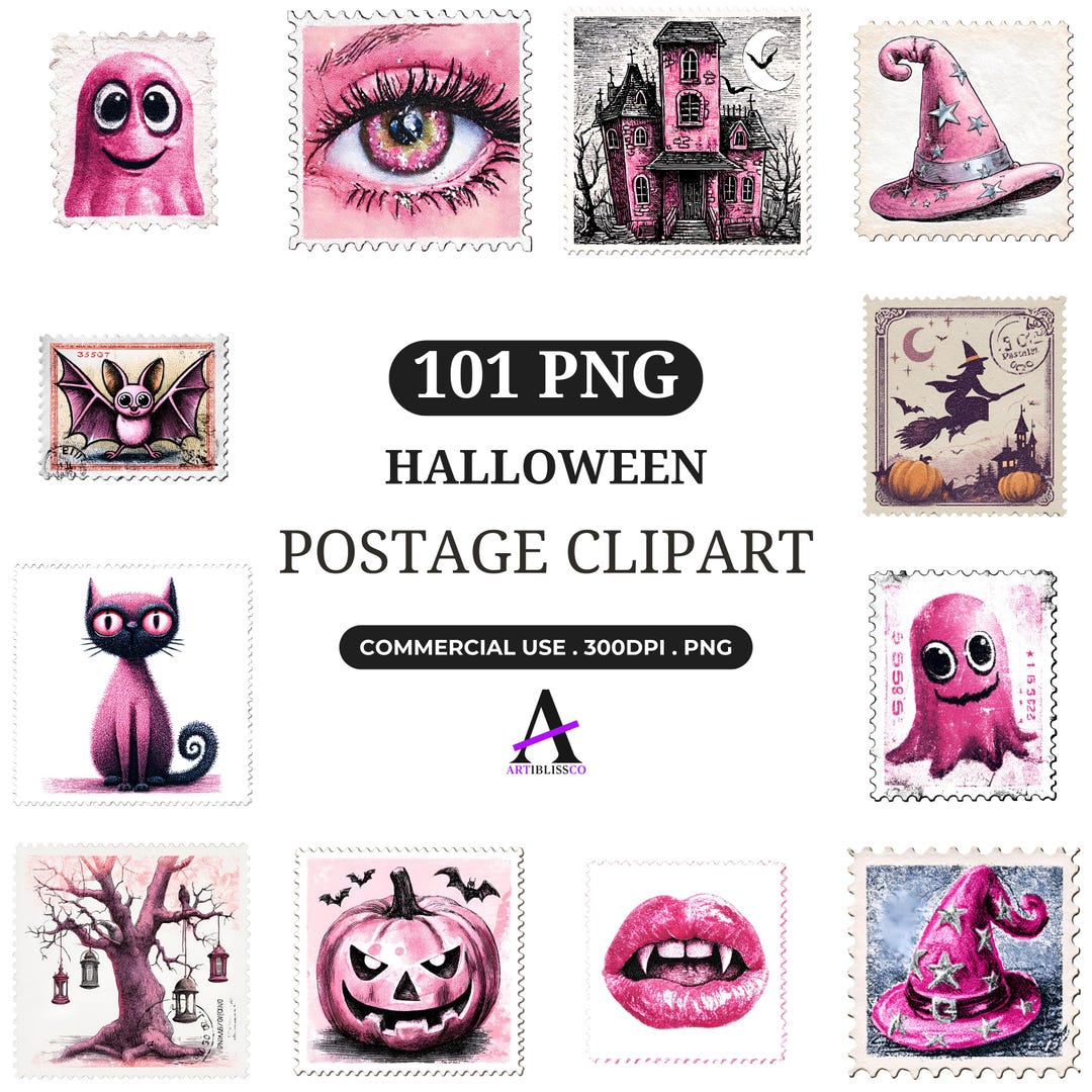 Halloween Stamp Clipart: Spooky Postage PNG Set - Ghost, Bat, Pumpkin ...