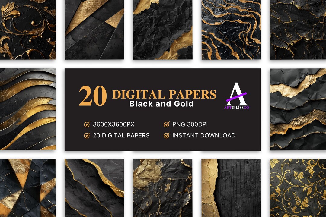 Black Gold Foil Digital Paper Pack: 20 Artistic Texture Backgrounds for ...