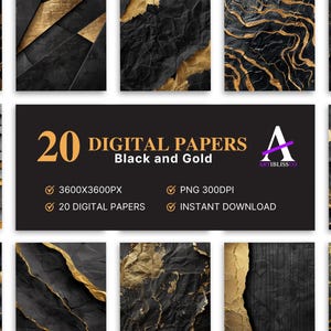 Black Gold Foil Digital Paper Pack: 20 Artistic Texture Backgrounds for ...