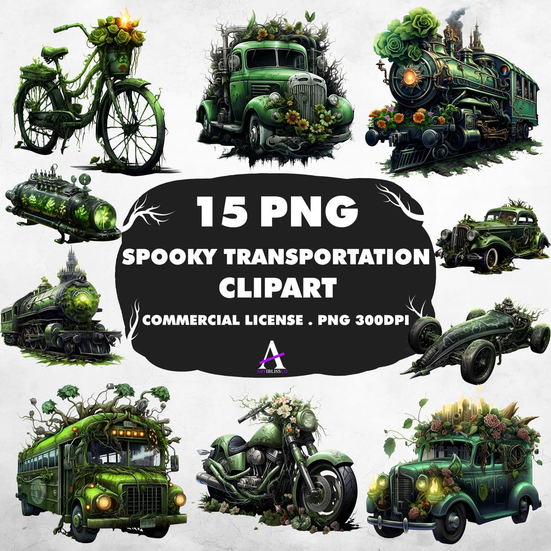 Vehicle Halloween Clipart Bundle: Transportation Spooky PNG (commercial ...