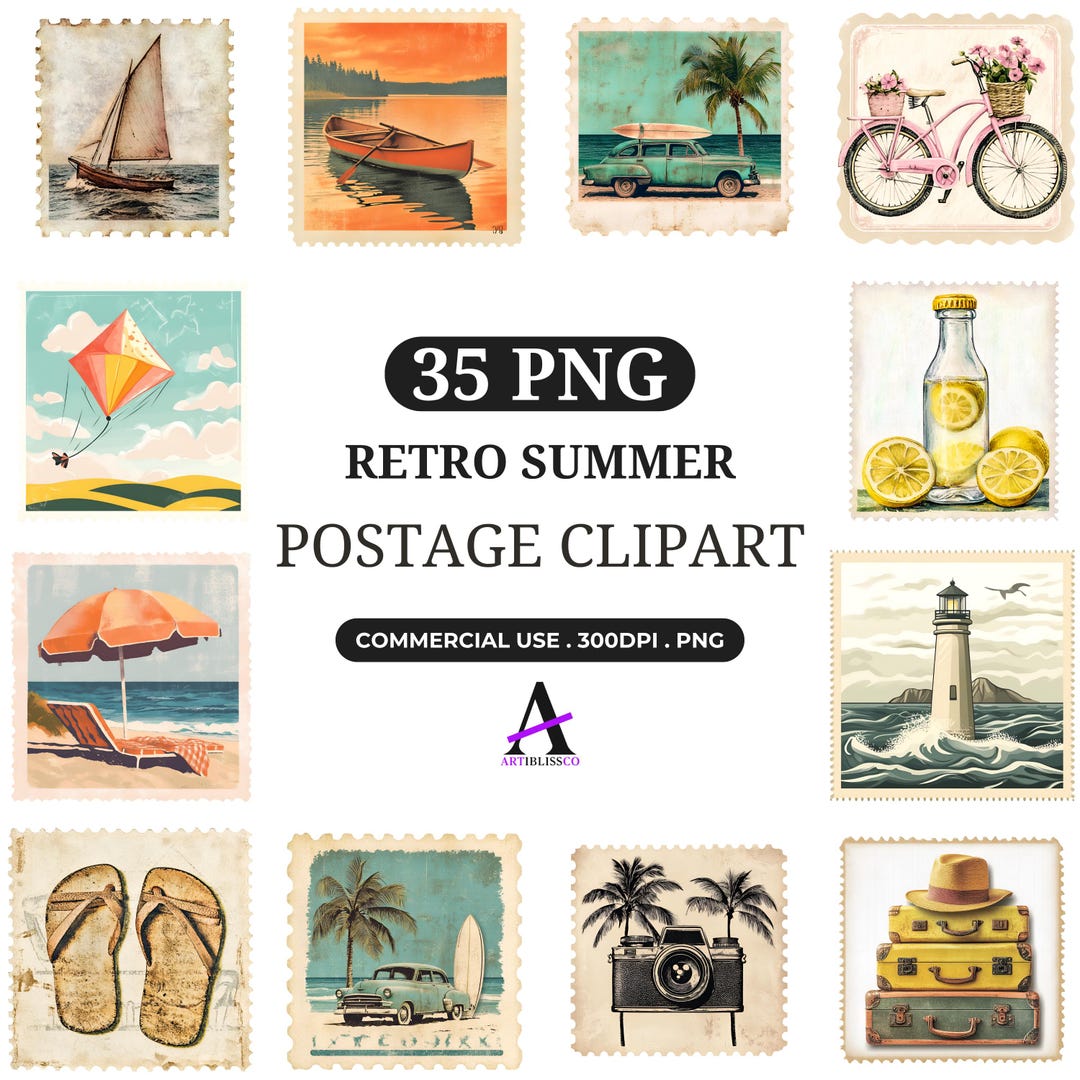 Retro Summer Postage Stamp Clipart: Vintage PNG Images (commercial ...