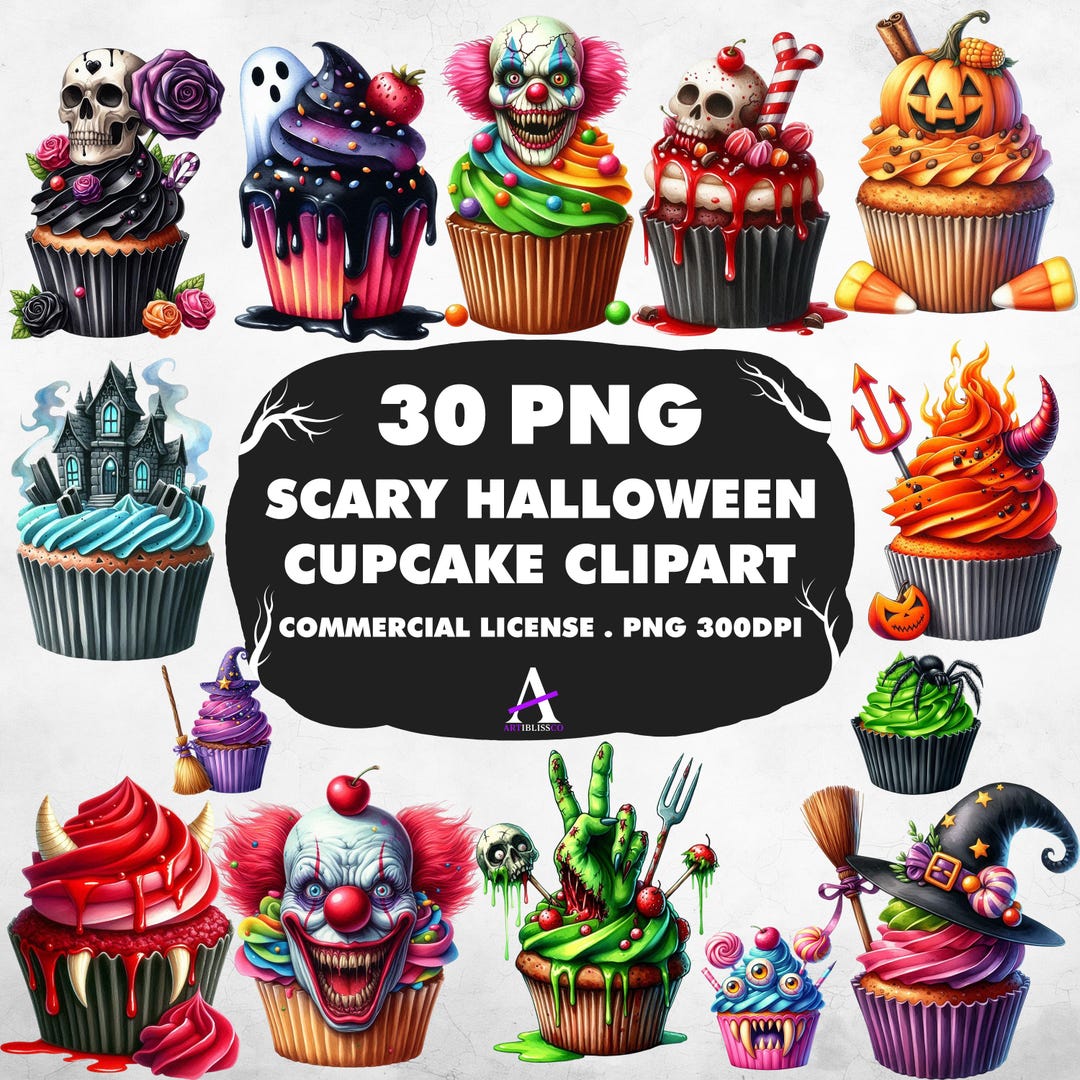 Halloween Cupcake Clipart Bundle: 30 Spooky Dessert Graphics for Crafts ...