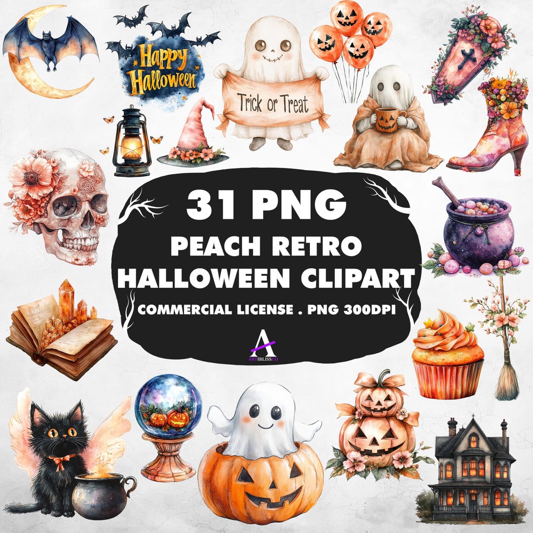 Peach Retro Halloween Clipart Bundle: Spooky Stickers, Commercial ...