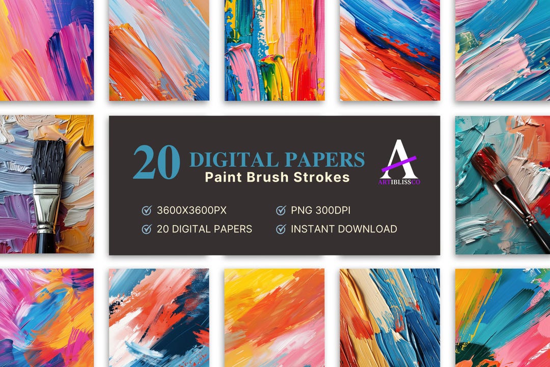 Paint Brush Strokes Digital Papers , Colorful Digital Pattern Bundle ...