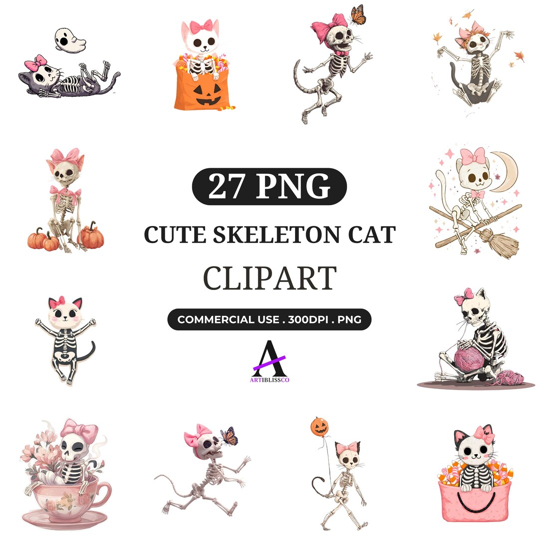 Cute Skeleton Cat Clipart , Halloween Kitty PNG , Cat Skeleton ...