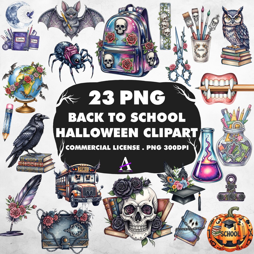 Halloween Back to School Clipart Bundle: Spooky PNG Stickers ...