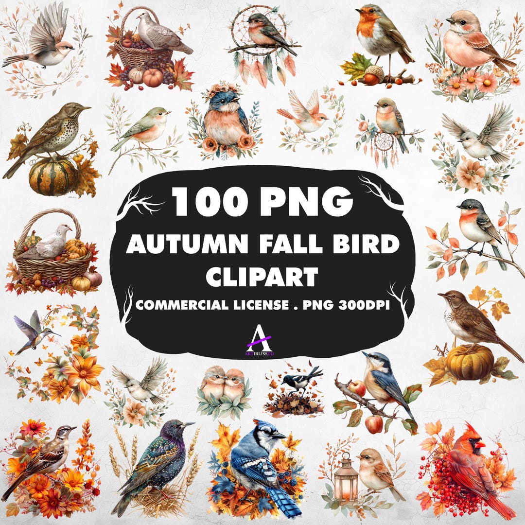 Watercolor Autumn Bird Clipart Bundle: Fall Leaves PNG (commercial ...